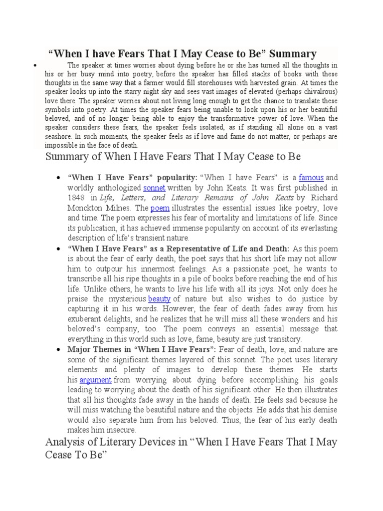 John Keats and A Summary of When I Have Fears | Download Free PDF ...