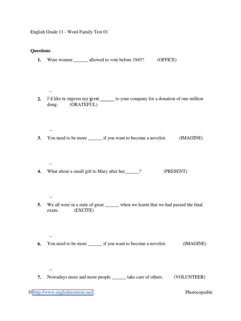 (123doc) - English-Grade-11-Word-Family-Test-01 | PDF | Games & Activities