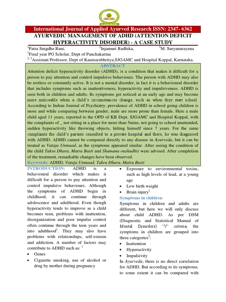 Ayurvedic Management of Adhd (Attention Deficit Hyperactivity Disorder) - A Case Study ...