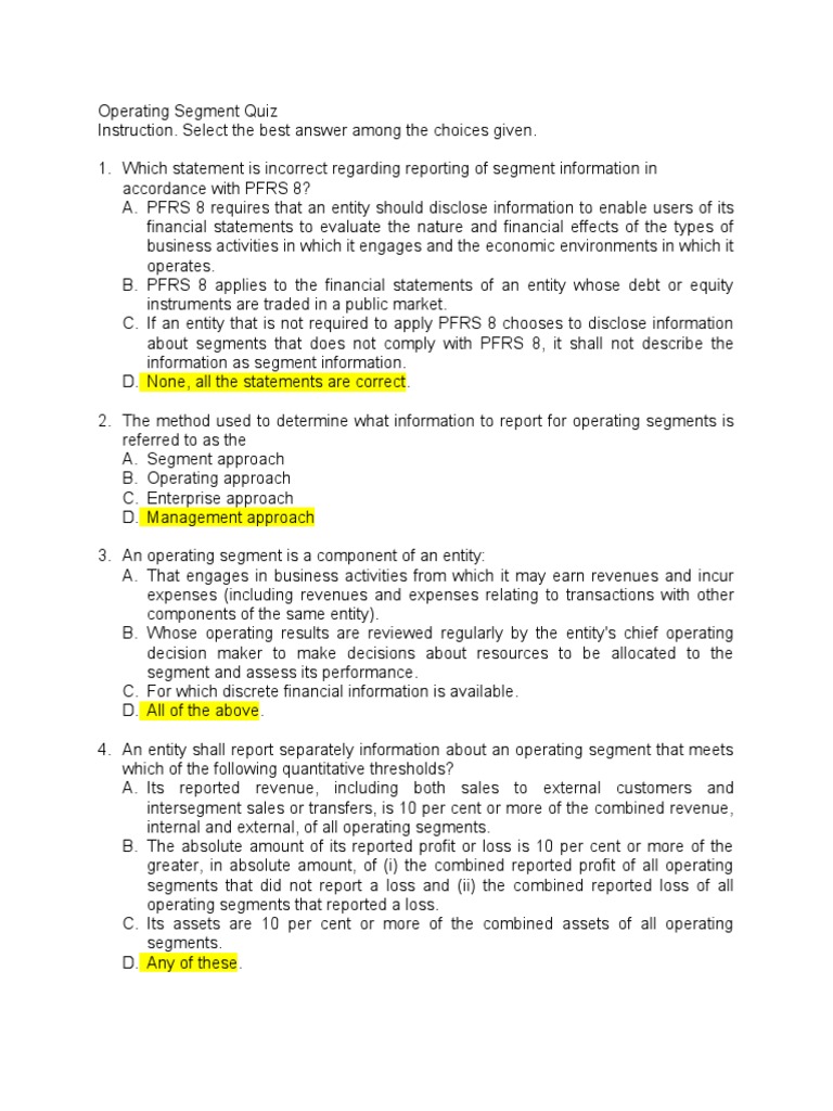 Operating Segments QUIZ Answer | PDF | Revenue | Financial Statement