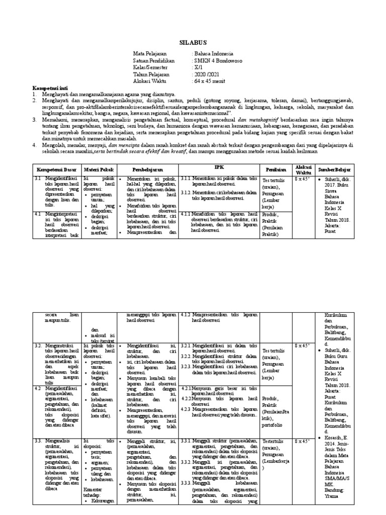 Silabus Bindo Kelas X k13 Revisi 2020 | PDF