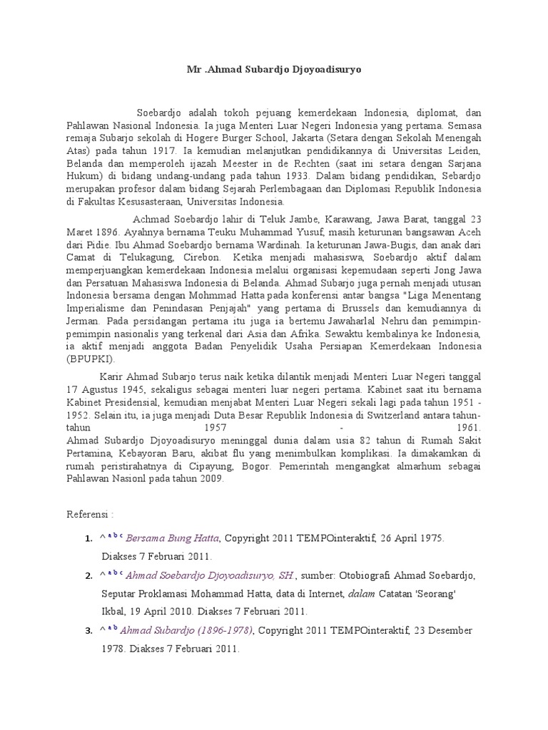 Biografi Achmad Soebardjo, Pahlawan Nasional | PDF
