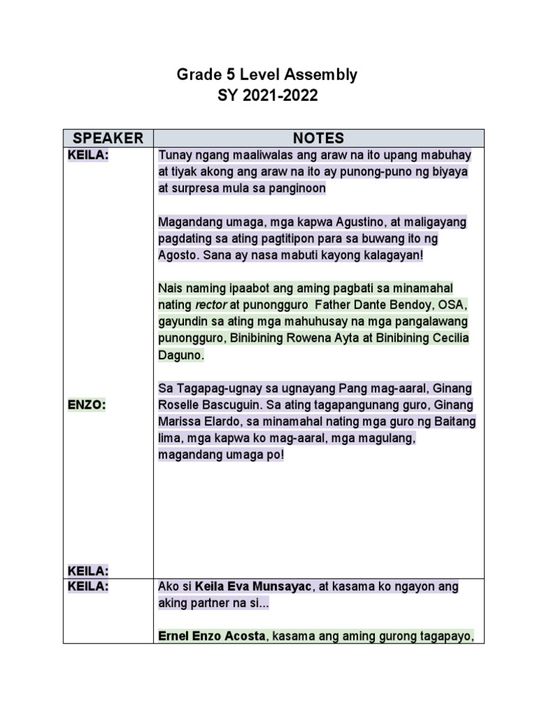 5A LEVEL ASSEMBLY SCRIPT in FILIPINO | PDF
