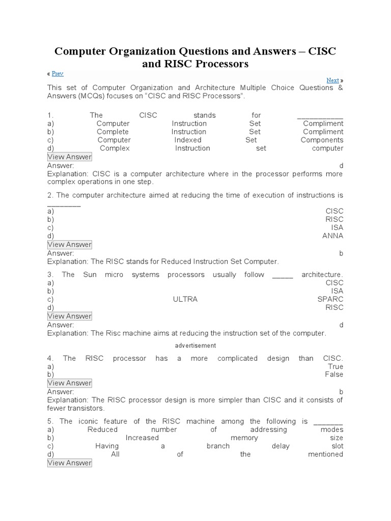 Computer Organization Questions and Answers - CISC and RISC Processors ...