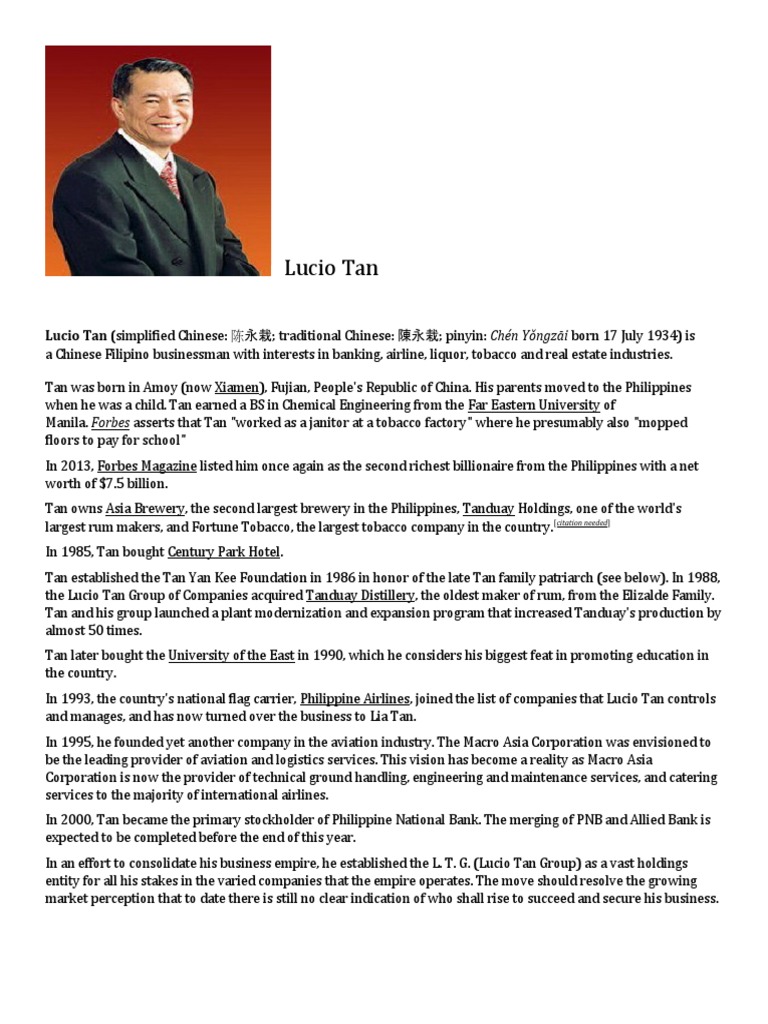 Lucio Tan: Lucio Tan (simplified Chinese: 陈永栽; traditional Chinese: 陳永栽 ...