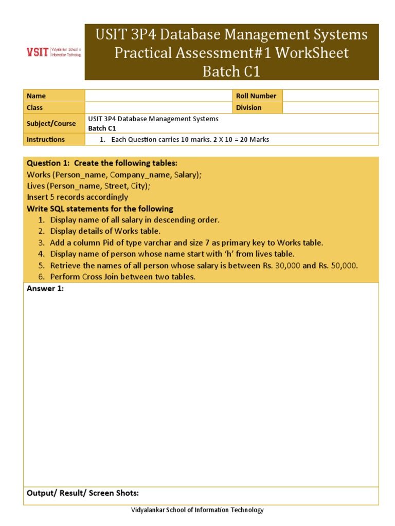 Usit 3P4 Database Management Systems Practical Assessment#1 Worksheet ...