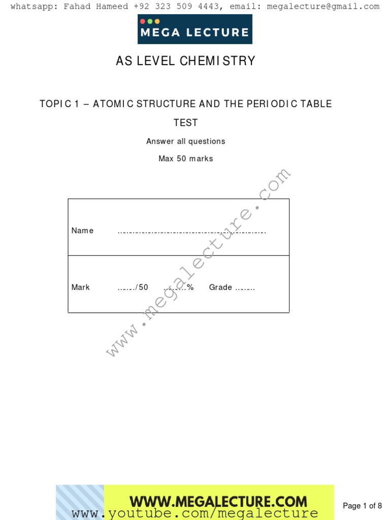 As Level Chemistry: Topic 1 - Atomic Structure and The Periodic Table ...
