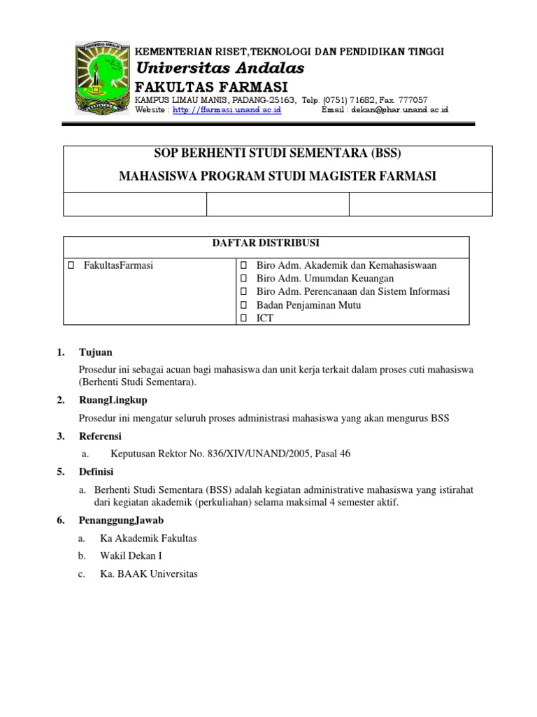 SOP Berhenti Studi Sementara (SOP-FAR-BSS) | PDF