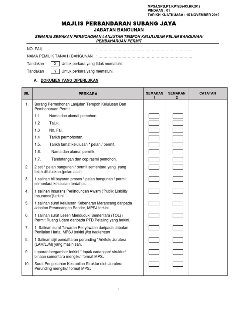 Senarai Semakan Permohonan Lanjutan Tempoh Kelulusan Pelan Bangunan Pembaharuan Permit | PDF