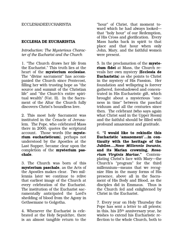 Ecclesia de Eucharistia Overview | PDF | Eucharist | Catholic Church