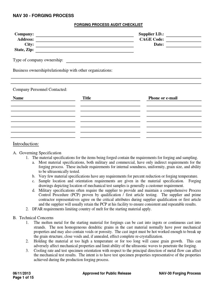 Forging Process Audit Check List | PDF | Forging | Heat Treating
