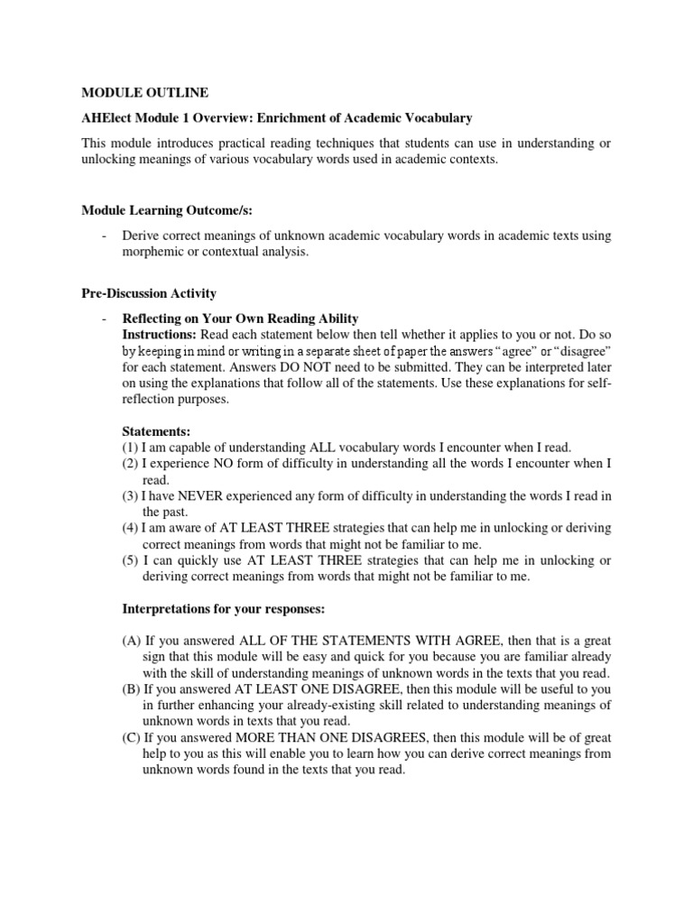 AHElect Student Module 1 - Enrichment of Academic Vocabulary | PDF | Vocabulary | Reading ...