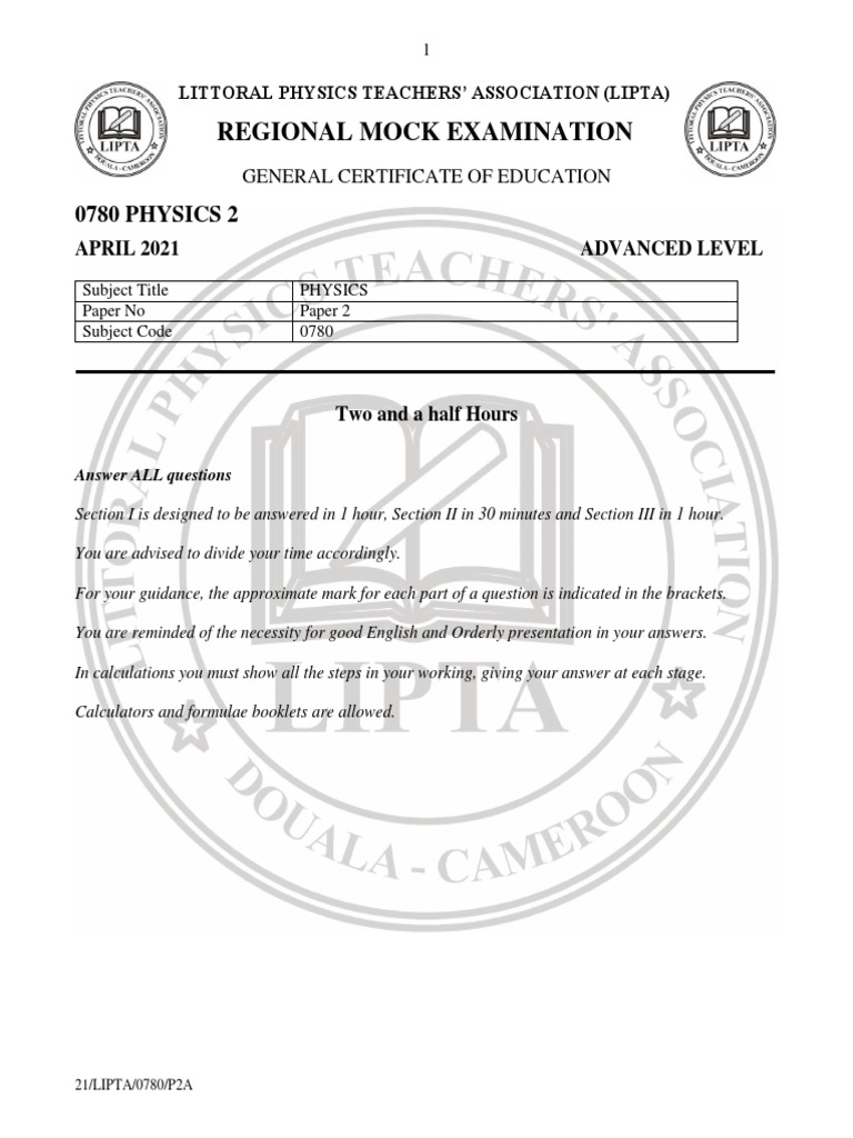 Regional Mock Examination: 0780 PHYSICS 2 | PDF | Capacitor | Tide