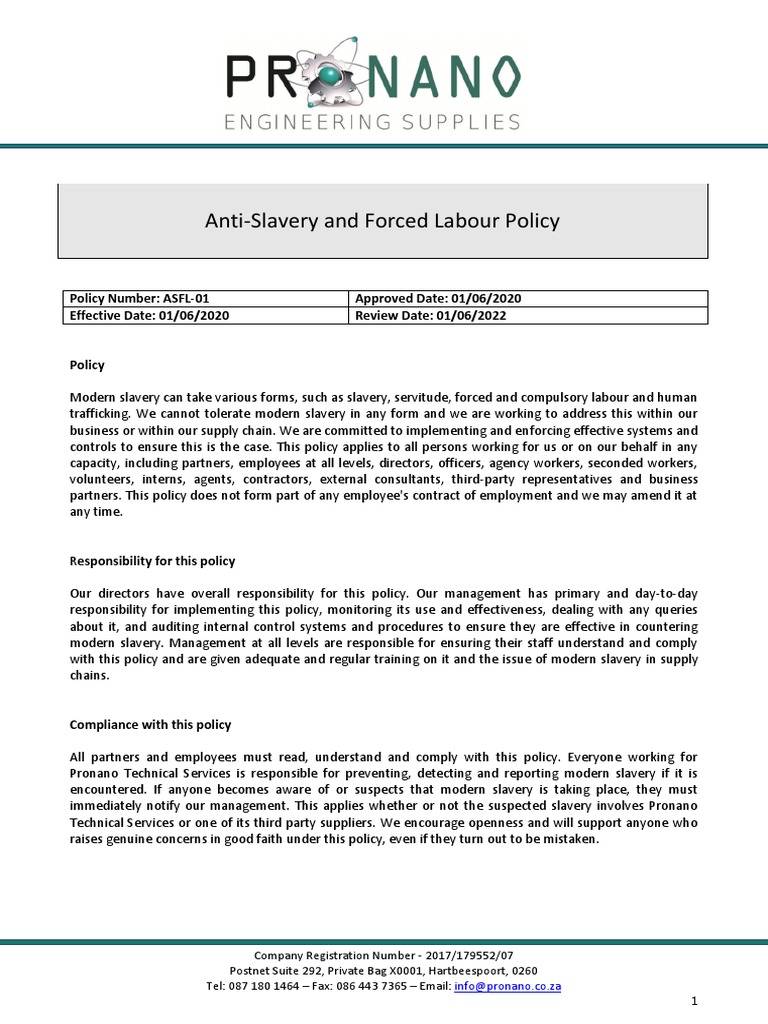 Pronano Engineering Supplies - Anti Slavery and Forced Labour Policy ...