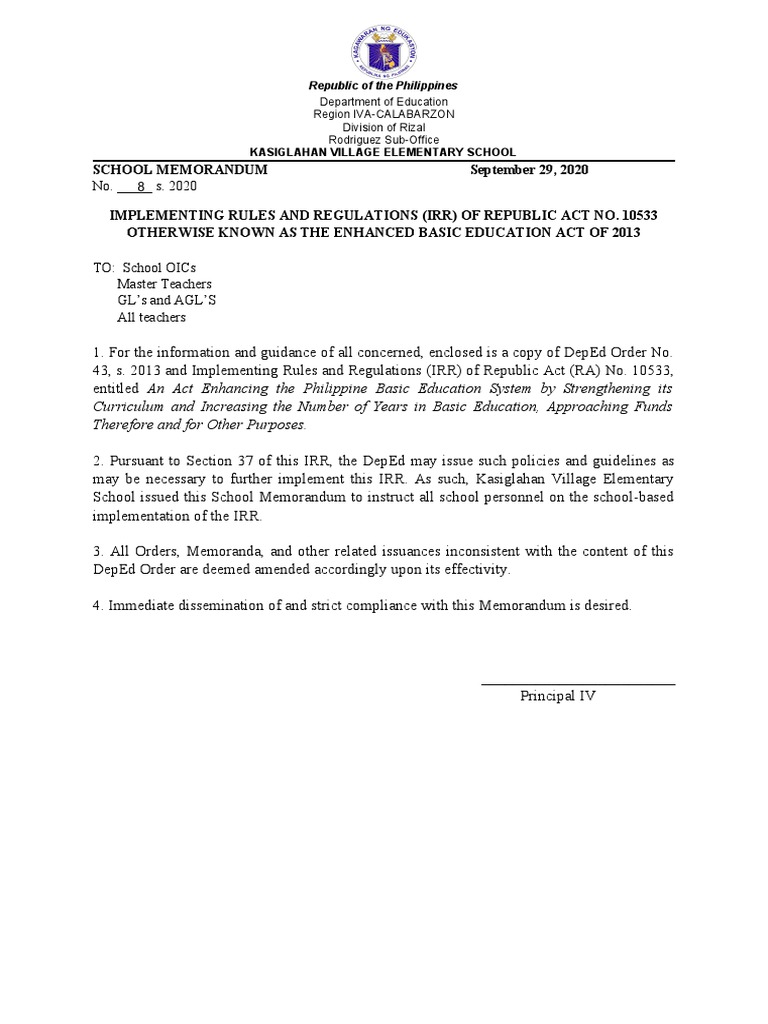 School Memorandum in IRR of RA 10533 Enhanced Basic Education Act of ...