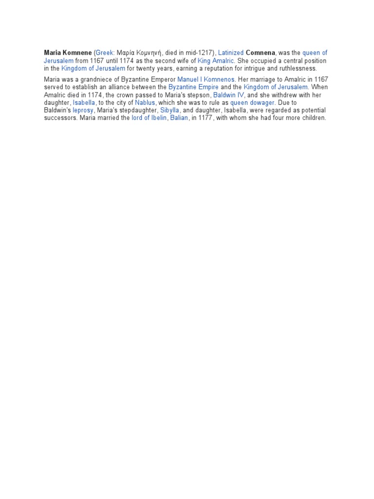 Maria Komnene: Queen of Jerusalem (1167-1174) | PDF