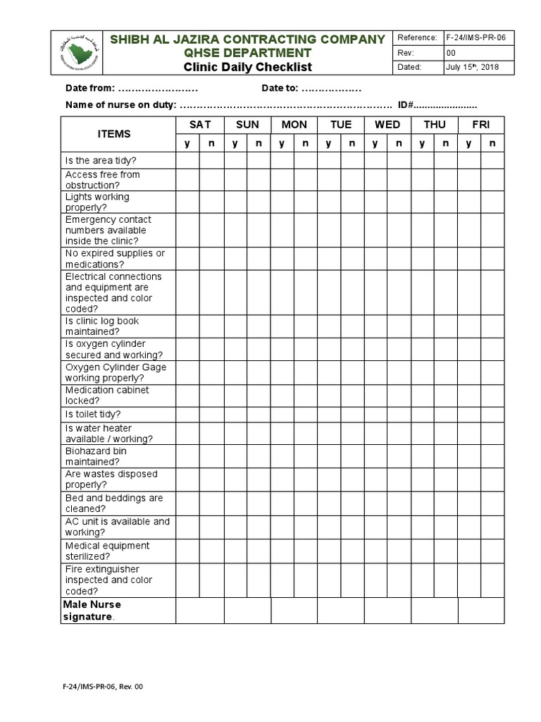 Clinic Daily Checklist | PDF