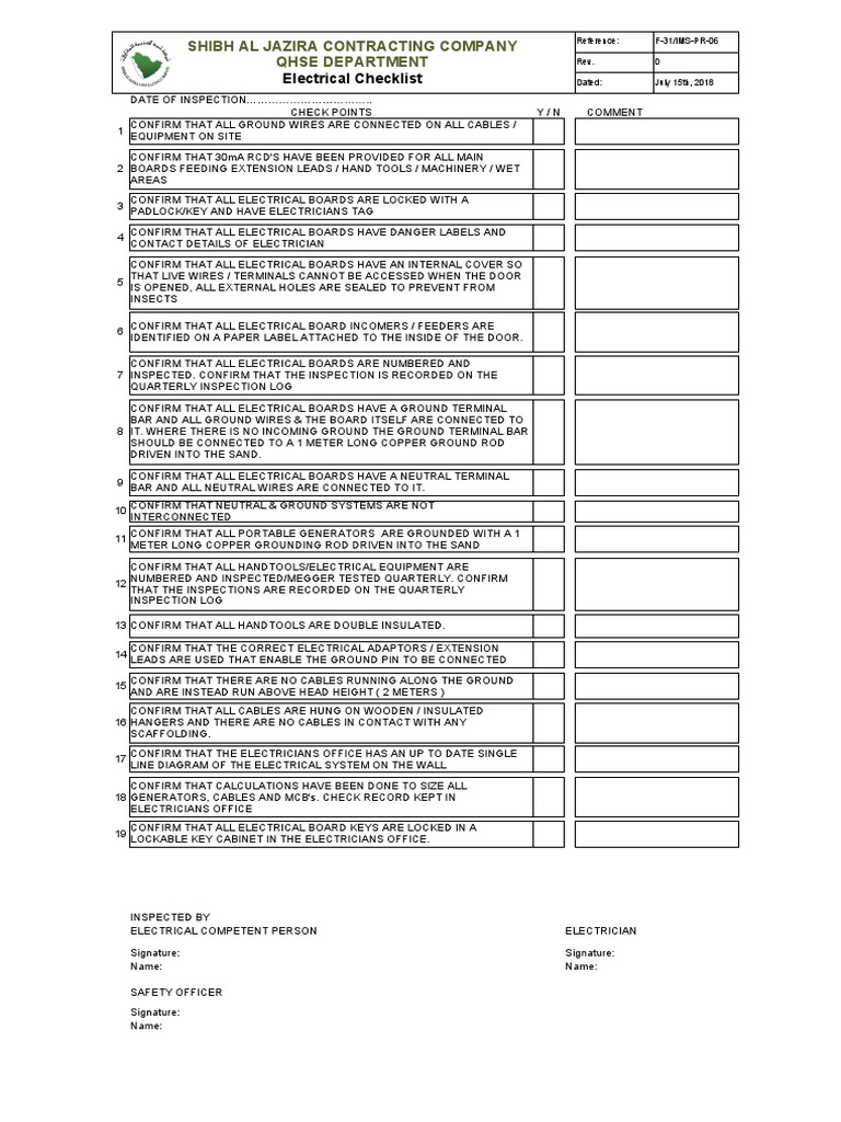 Electrical Checklist | PDF | Electrical Engineering | Building Engineering