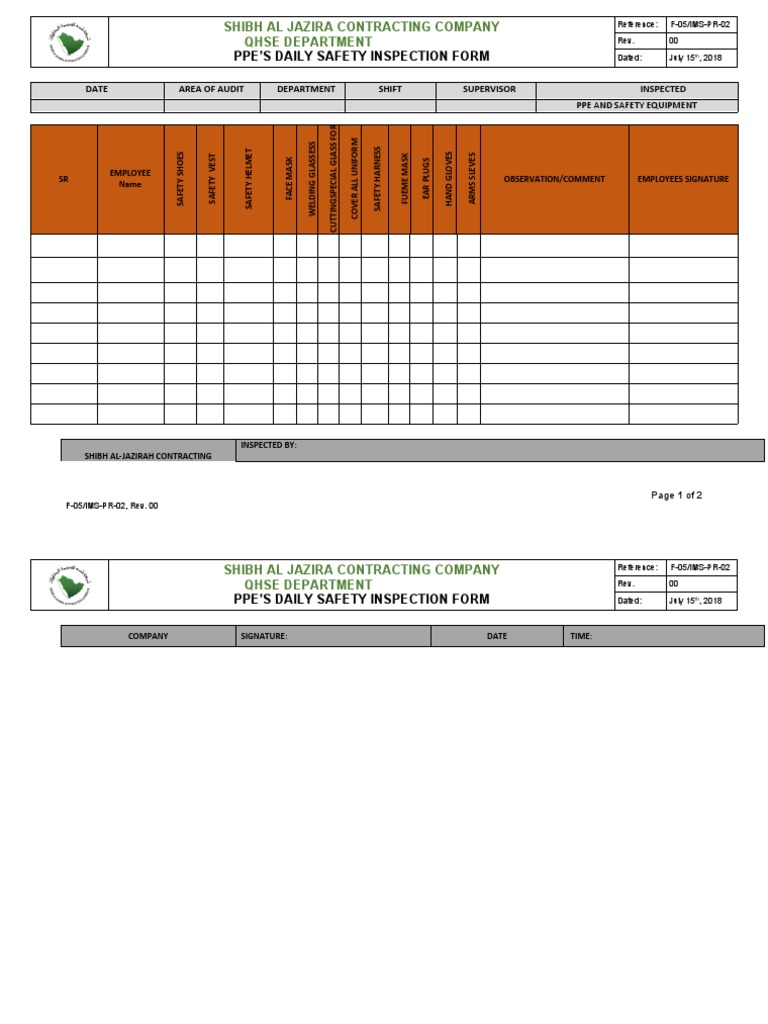 Ppe'S Daily Safety Inspection Form: Shibh Al Jazira Contracting Company ...