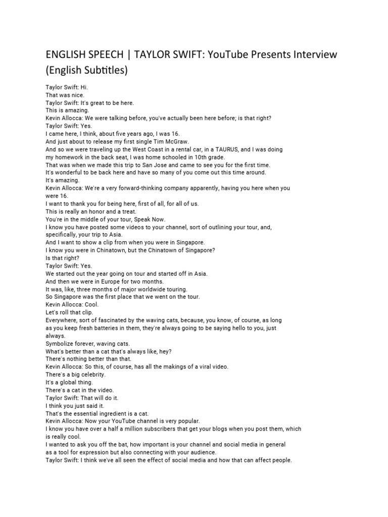 English Speech - Taylor Swift: Youtube Presents Interview (English ...
