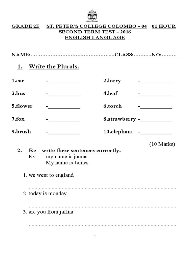 English Second Term Test (2016) - St. Peters' College | PDF ...