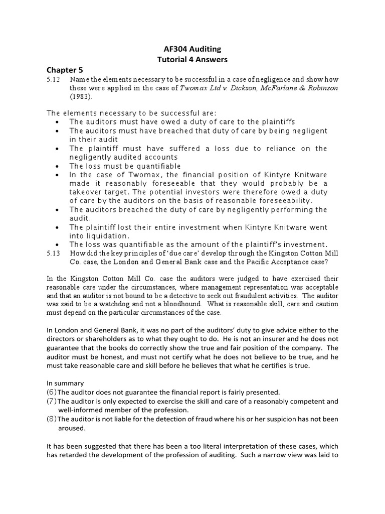 AF304 Auditing Tutorial 4 Answers | PDF | Audit | Negligence