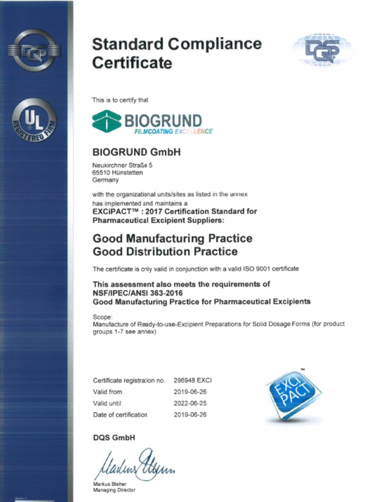 Biogrund Excipact Certification 1 | PDF
