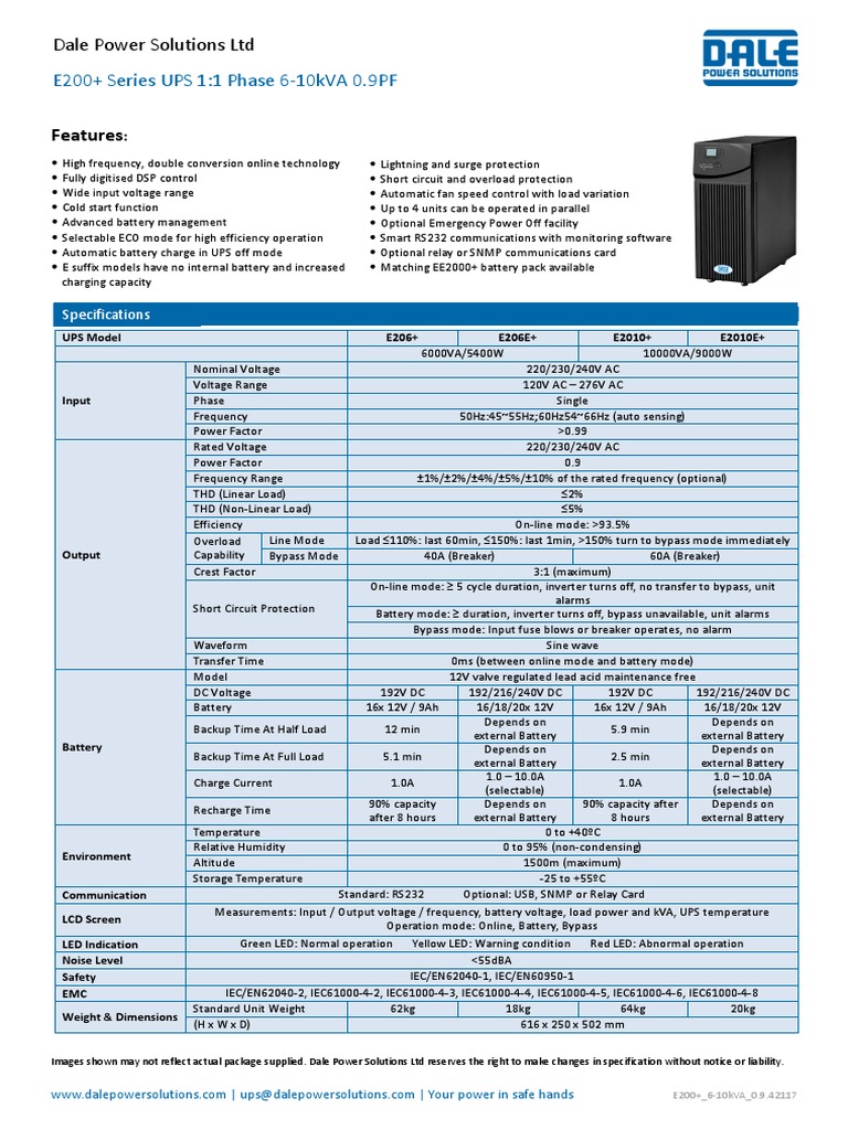 Features: E200+ Series UPS 1:1 Phase 6-10kVA 0.9PF | PDF | Power Supply ...