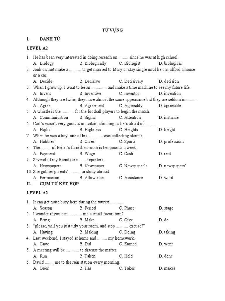 Vocabulary Exercises for A2 Level | PDF