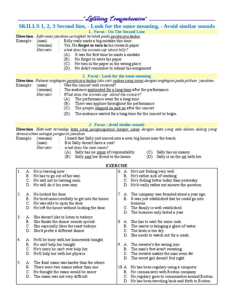 Listening Comprehension: Focusing on Meaning and Avoiding Distraction | PDF