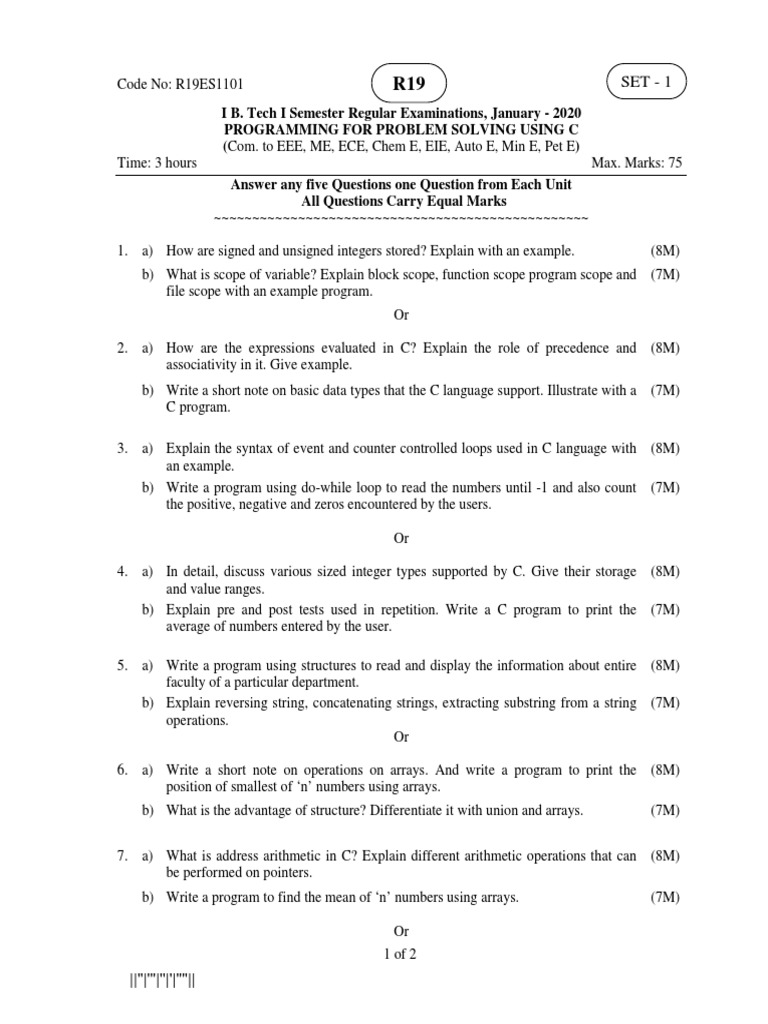 Programming For Problem Solving Using C r19 Jan 2020-1 | PDF | Pointer ...