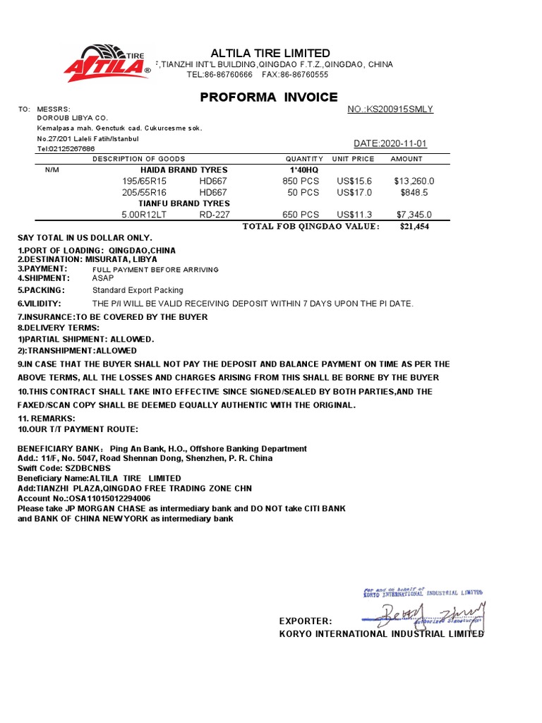 Proforma Invoice: Altila Tire Limited | PDF | Economies | Financial ...