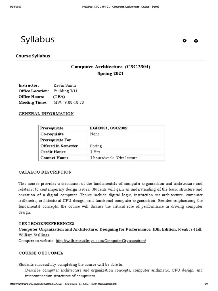 CSC 2304 01 - Syllabus - Computer Architecture | PDF | Central Processing Unit | Academic Dishonesty