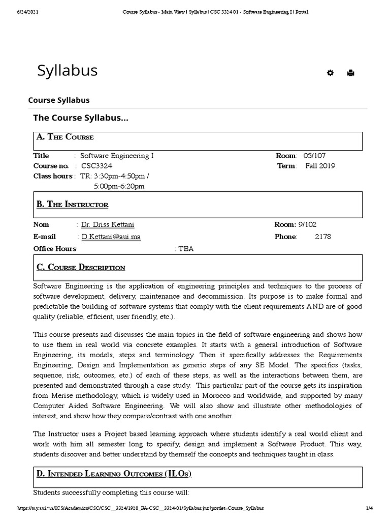 CSC 3324 01 Course Syllabus - Software Engineering I | PDF | Academic ...