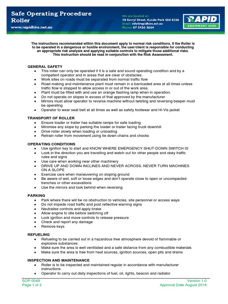 Safe Operating Procedure Roller: General Safety | PDF | Risk | Combustion