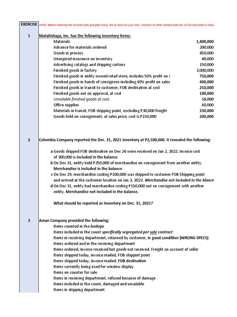 Inventory Sample Exercise | PDF | Inventory | Cost