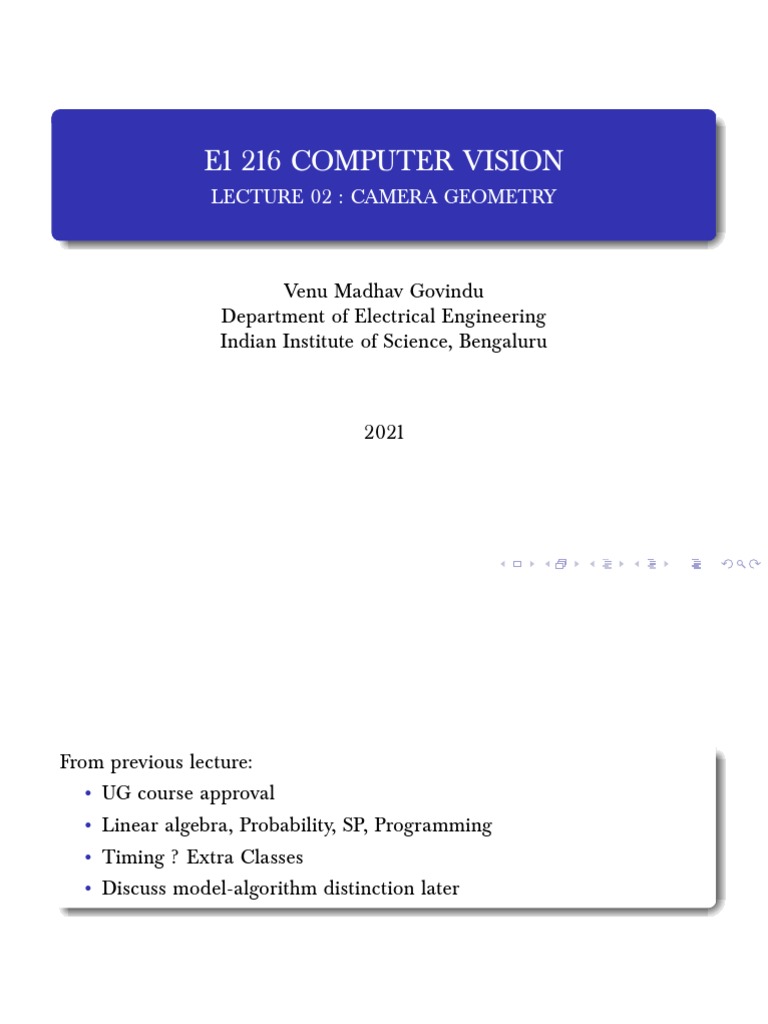 E1 216 Computer Vision: Lecture 02: Camera Geometry | PDF | Line ...