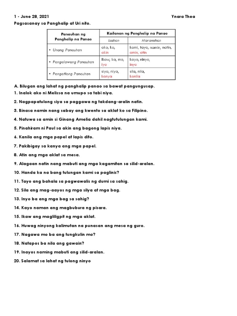 Pagsasanay Sa Panghalip Panao at Pagbasa, June 27 | PDF