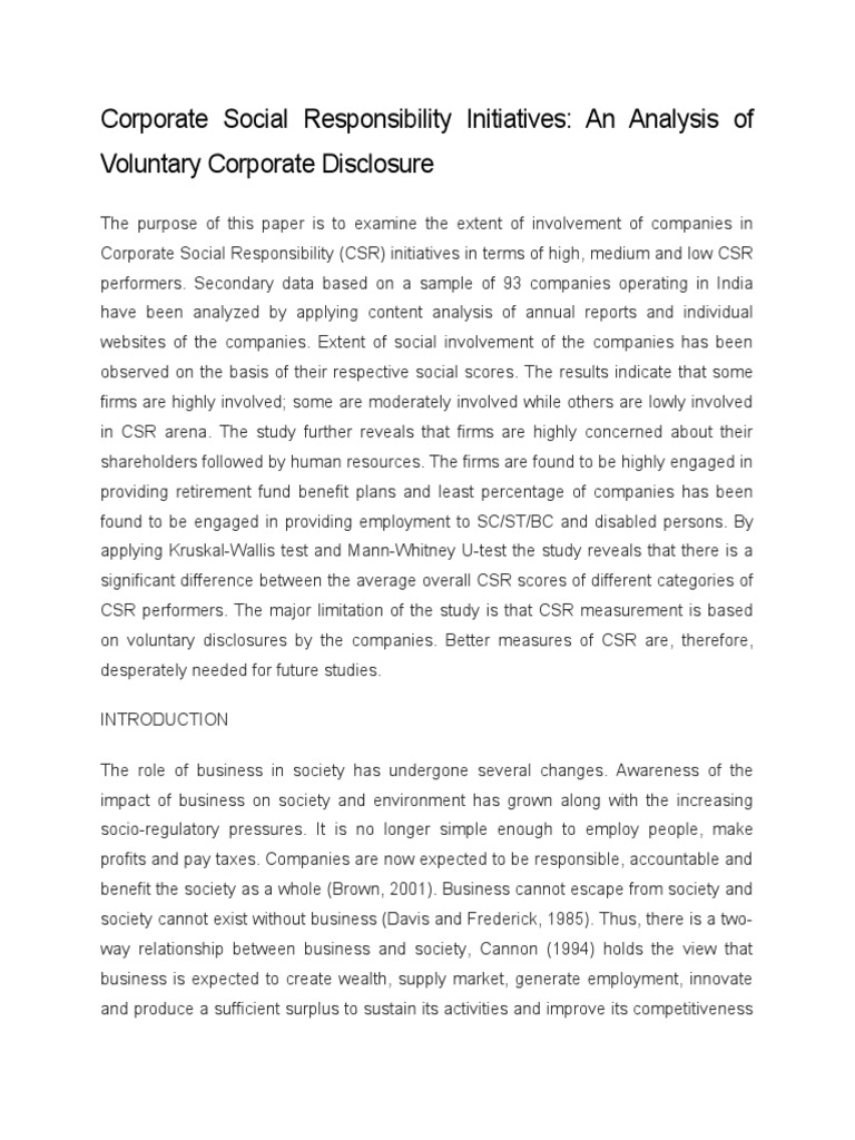 Corporate Social Responsibility Initiatives: An Analysis of Voluntary ...