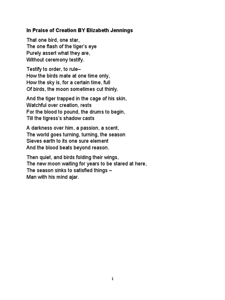 In Praise of Creation by Elizabeth Jennings | PDF | Poetry | Tiger