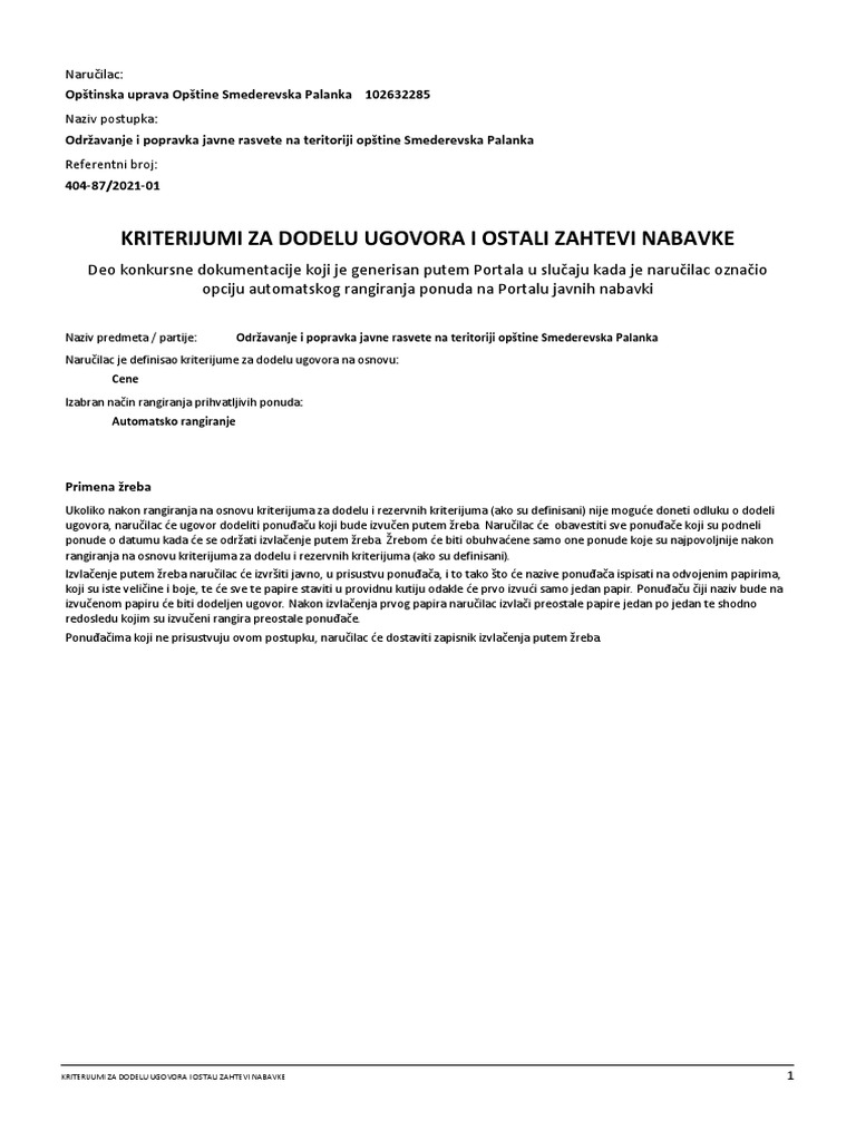 Kriterijumi Za Dodelu Ugovora | PDF