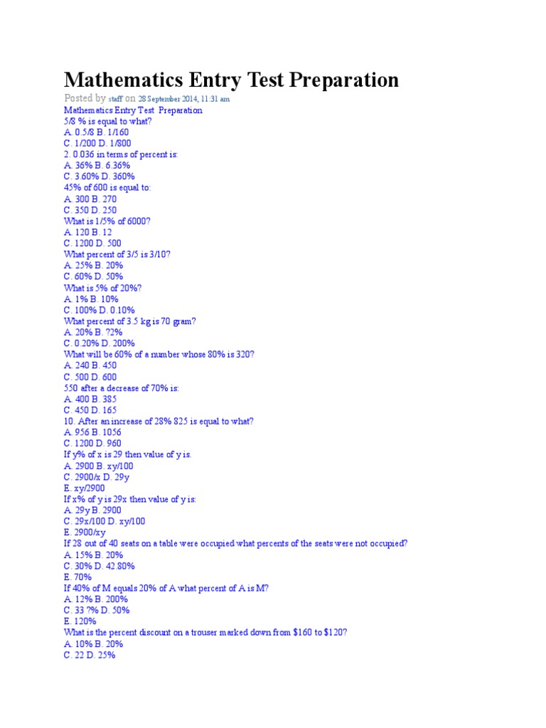 Mathematics Entry Test Preparation | PDF | Numbers | Sine