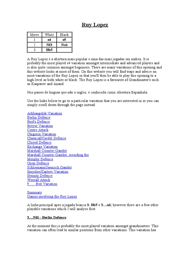 Ruy Lopez: E4 E5 Nf3 Nc6 Bb5 | PDF | Chess Openings | Abstract Strategy ...