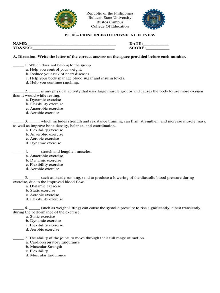Principles of Physical Fitness Exam | PDF | Flexibility (Anatomy ...
