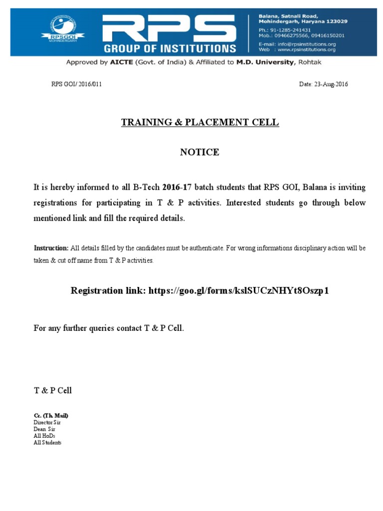Training & Placement Cell Notice: RPS GOI/ 2016/011 Date: 23-Aug-2016 ...