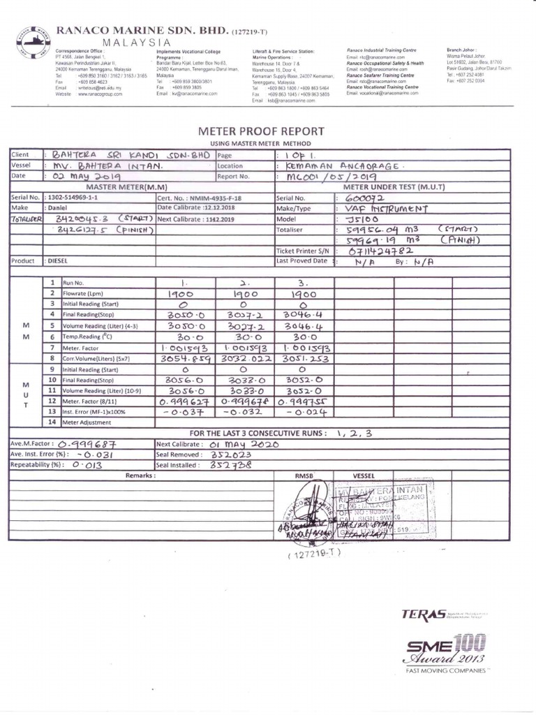 Bahtera Intan - FO Flow Meter Calibration | PDF