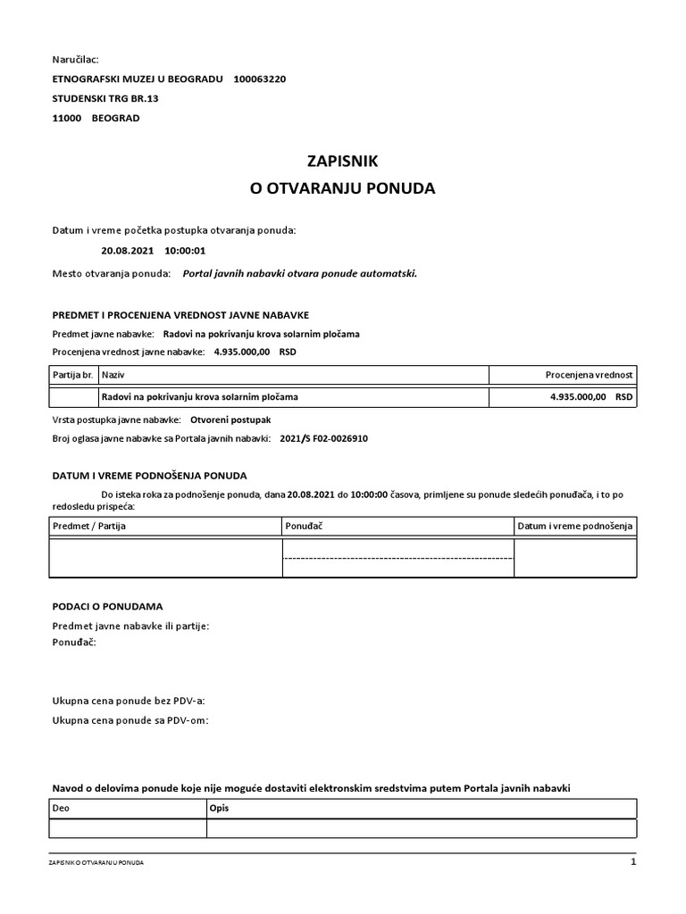 Zapisnik o Otvaranju Ponuda | PDF