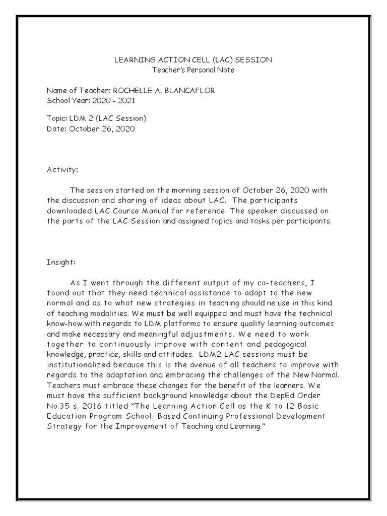 LEARNING ACTION CELL Reflection | PDF