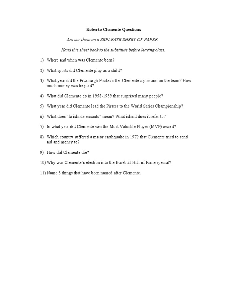 Roberto Clemente: Key Questions and Facts | PDF | Major League Baseball ...