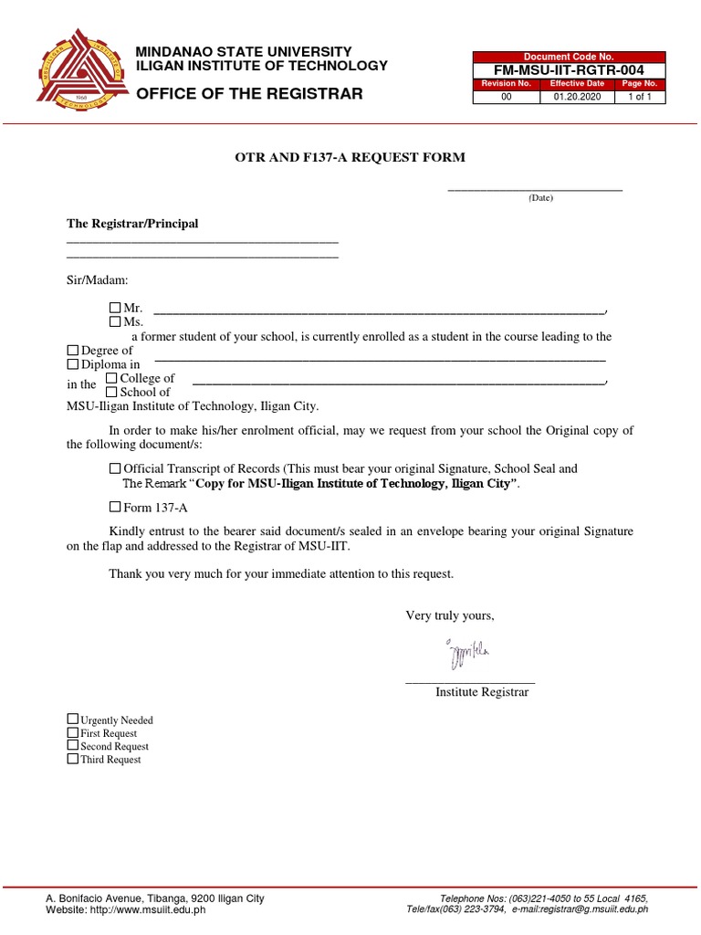 FM Msu Iit RGTR 004 Otr and F137a Request Form | PDF